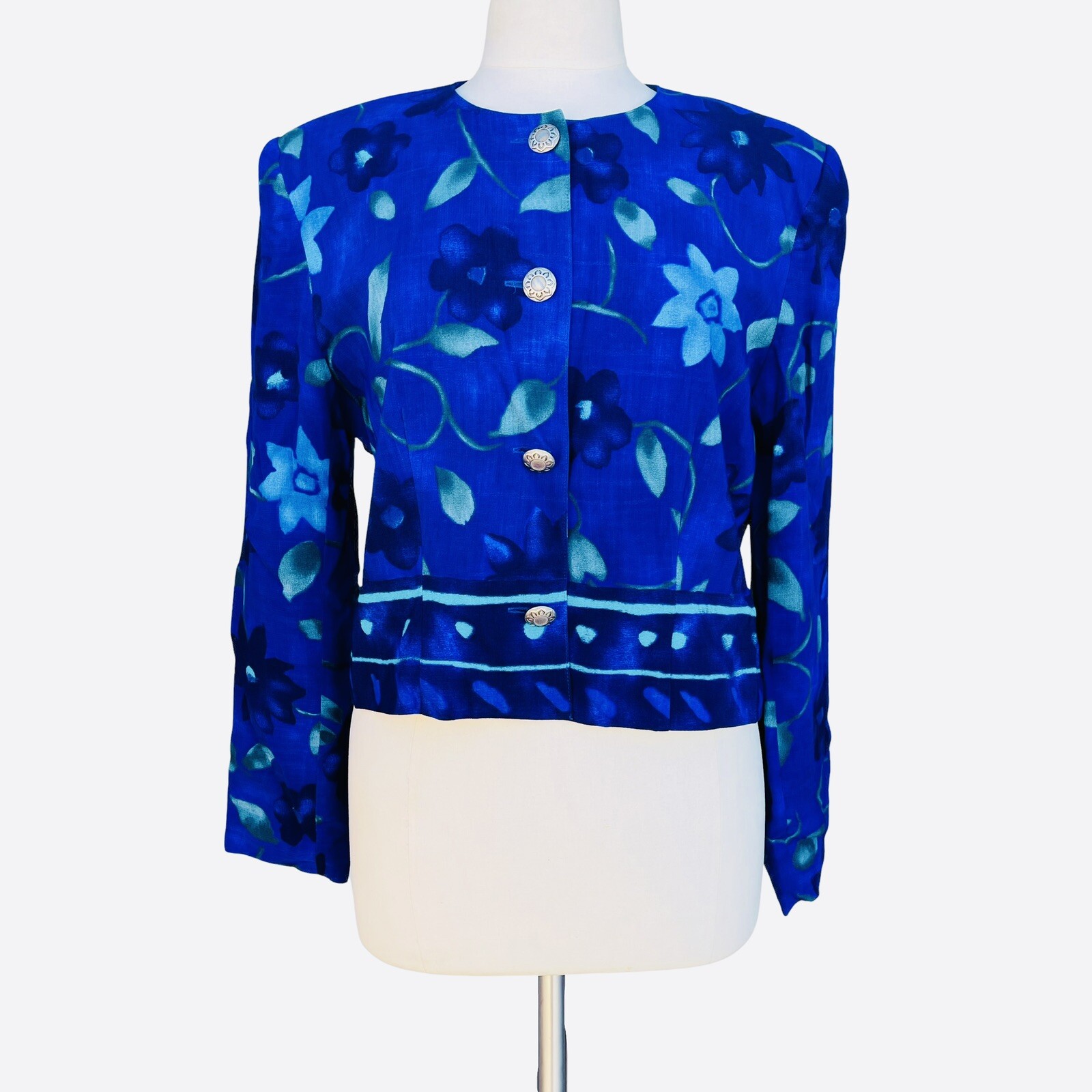 Vintage 80s ALI MILES Crop Jacket Size M Blue Floral Long Sleeve Button ...