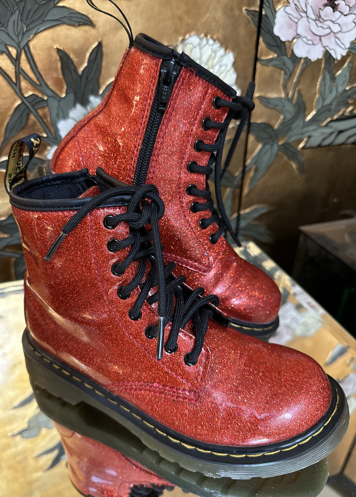 Dr Martens Red Glitter Girls Combat Boots Sz 1 - Gem