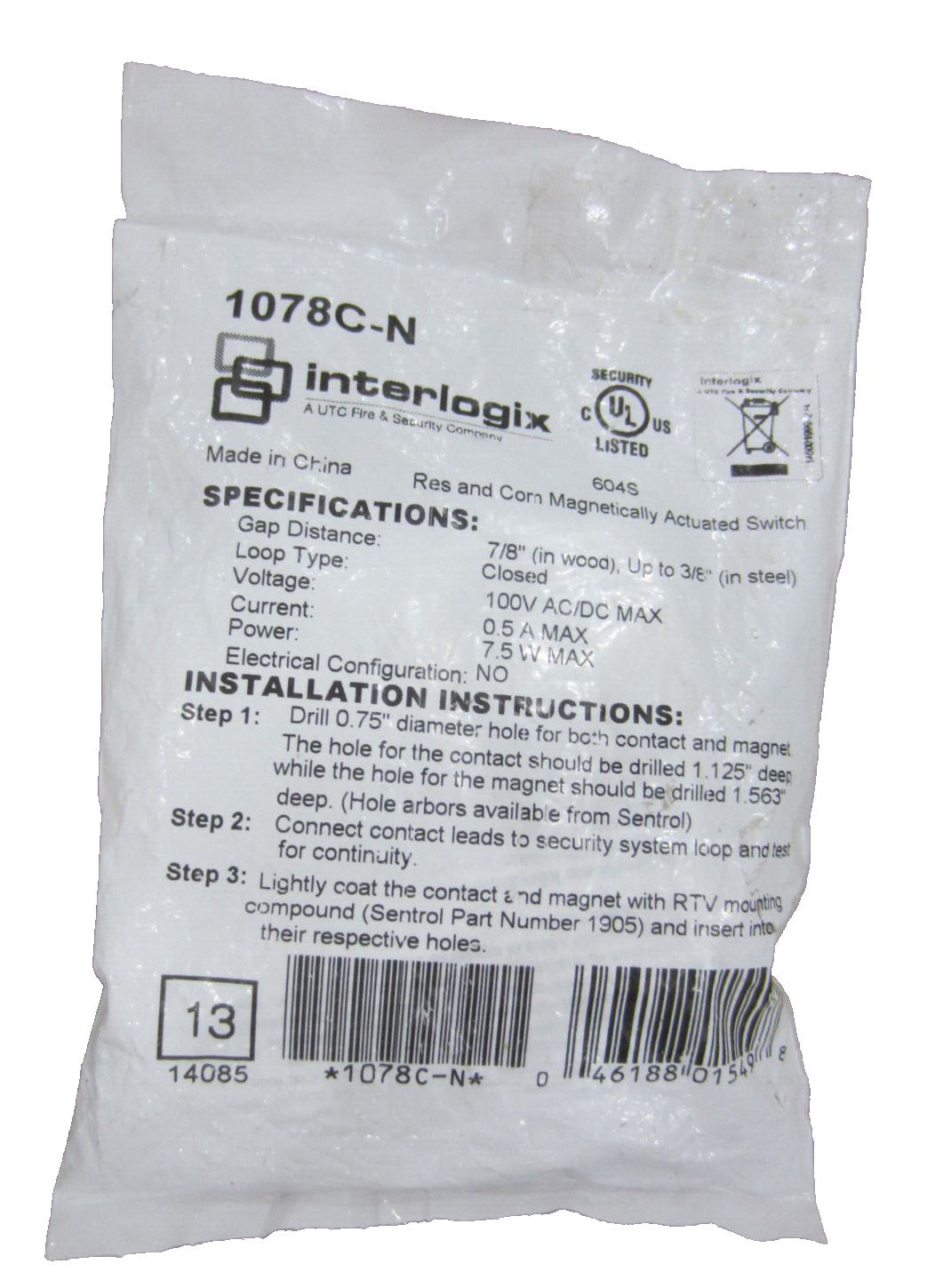 Ge Interlogix 1078c-n Alarm Recessed Door Contact 1 Inch White in Bag ...