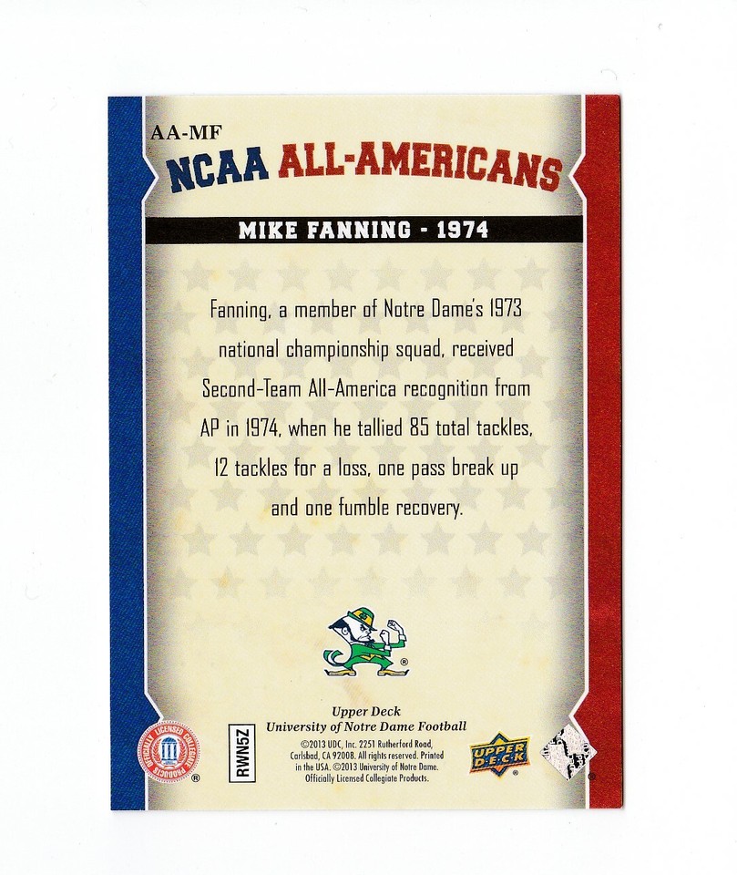2013 Upper Deck Notre Dame All Americans #AAMF Mike Fanning Irish Rams ...