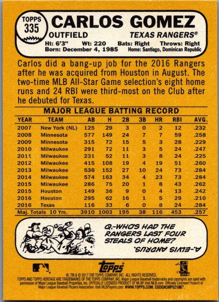 2017 Topps Heritage #335 Carlos Gomez Texas Rangers | eBay