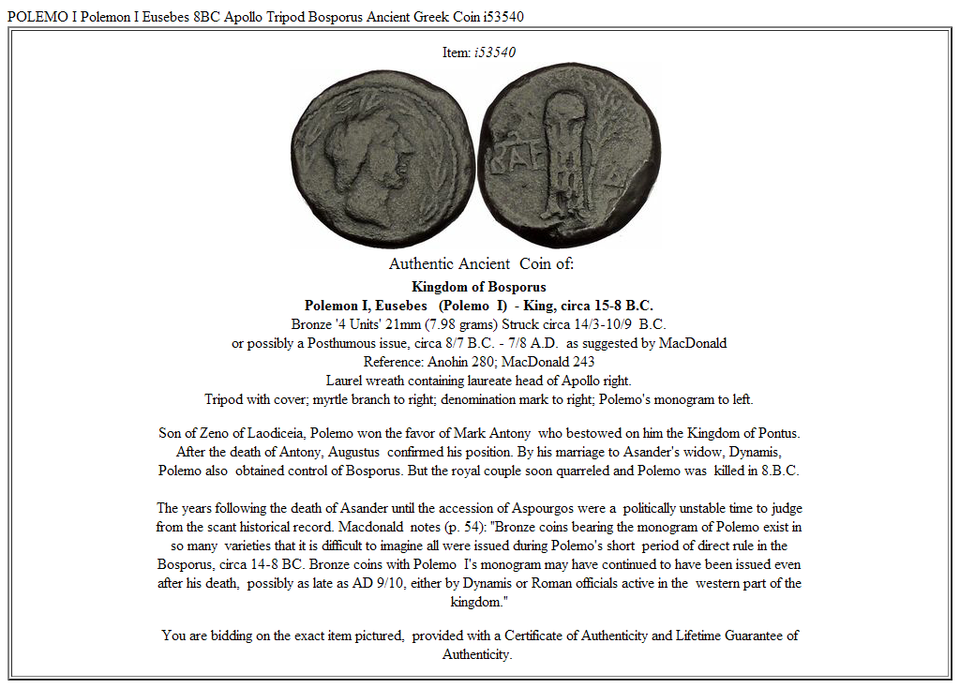 POLEMO I Polemon I Eusebes 8BC Apollo Tripod Bosporus Ancient Greek ...