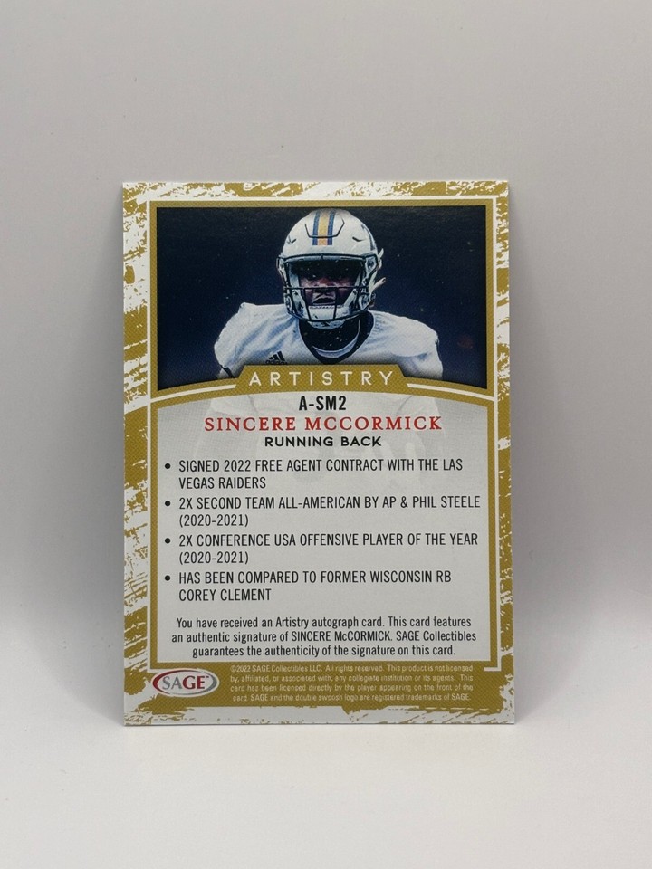 2022 Sage Artistry Sincere McCormick SP Rookie RC Auto #A-SM2 Las Vegas ...