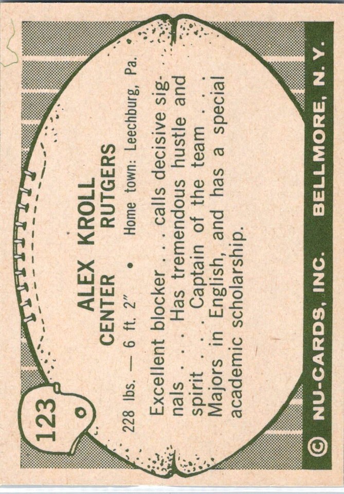 1961 Nu-Cards Football Stars #123 Alex Kroll | eBay