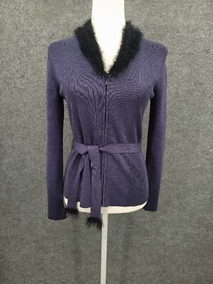 Sigrid Olsen Cardigan Womens Small Full Zip Faux Fur Collar Silk Blend ...