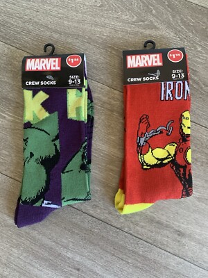 Lot 2 Marvel Iron Man Hulk Socks Men's Superhero Logo 2 Pack Crew 9-13 ...