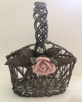 Vintage Silver plate Wire Basket With Capodimonte Style Pink Ceramic ...