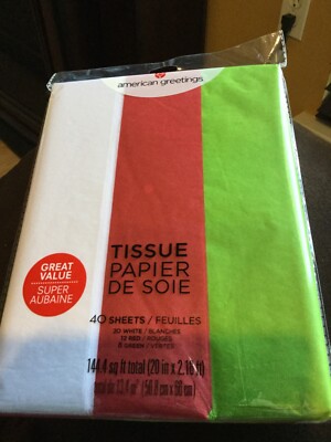 NIB AMERICAN GREETING TISSUE PAPER 40 SHEETS 20wht/12red/8green (20inx2 ...