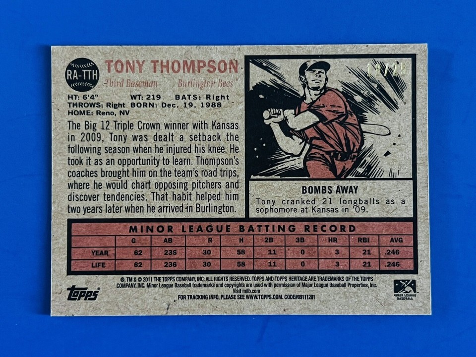 2011 Topps Heritage Minor Tony Thompson Red Tint Auto Card #RA-TTH; #d ...
