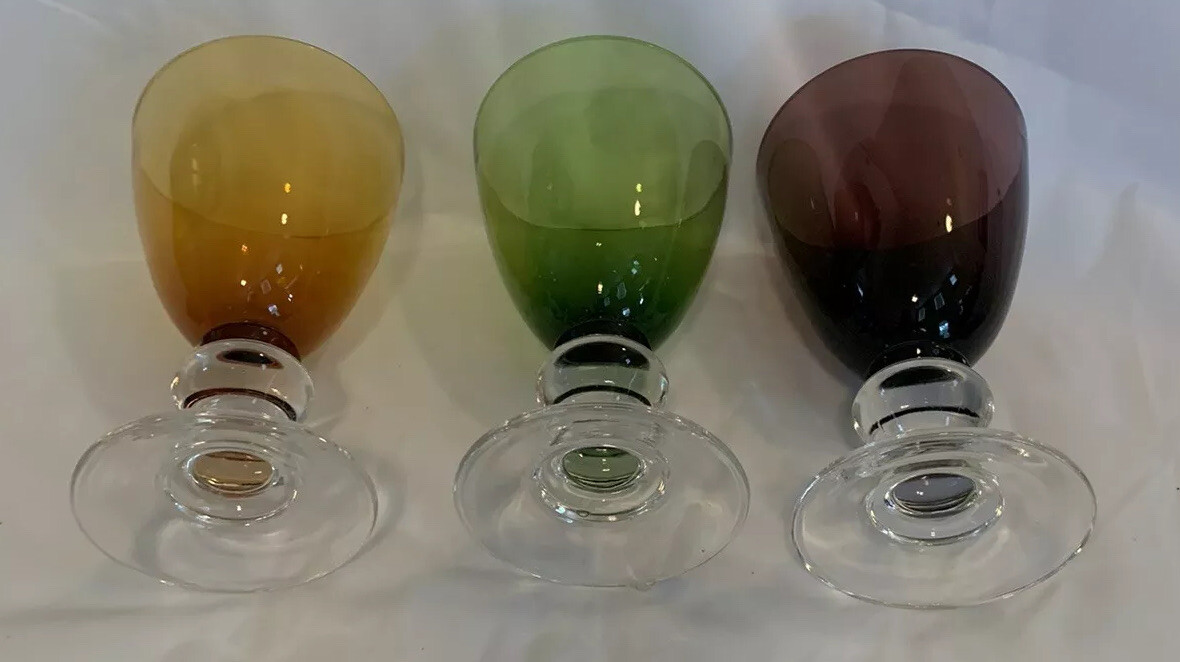 Multi Color Glass WATER GOBLET Thick Clear Ring Stem Set Of 3 Fine ...
