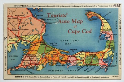 1938 MA Postcard Tourists Auto Map of Cape Cod color linen Route 6 ...