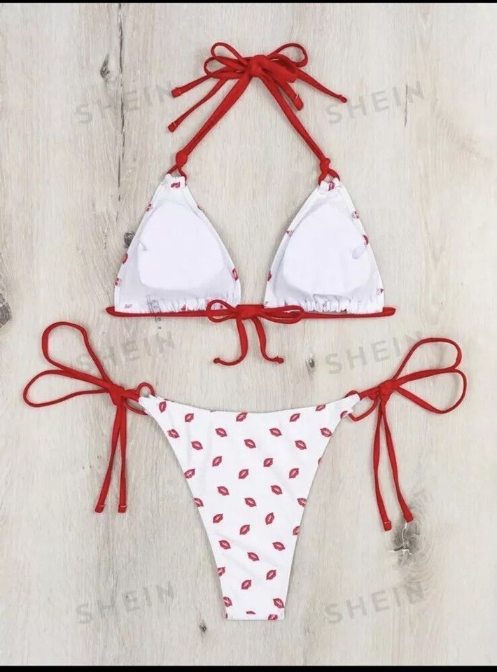 SHEIN Swim String Brazilian Bikini Lips Kisses Red White Triangle ...