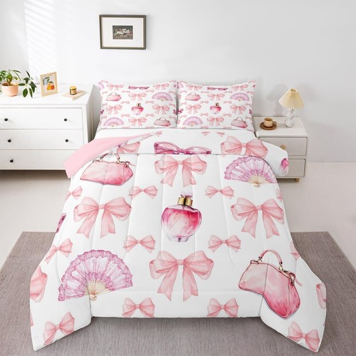 Bowknot Girls Comforter Set Twin,Girly Makeup Theme Bedding Set for ...
