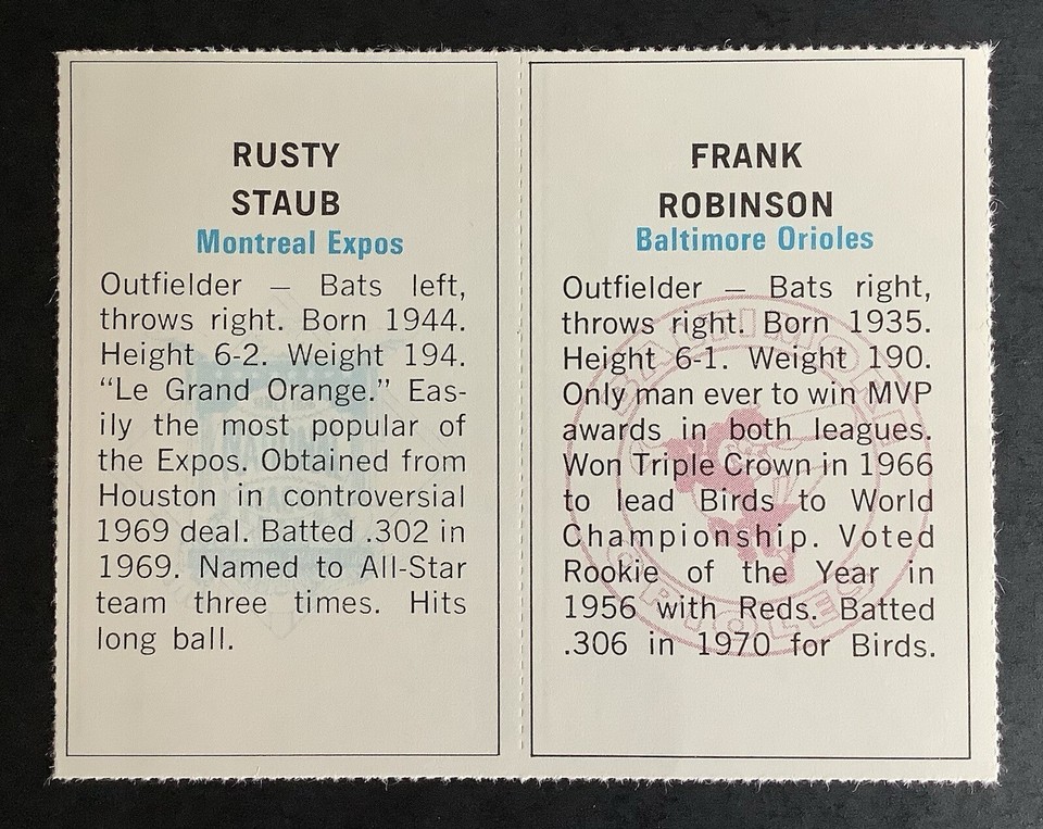 Frank Robinson & Rusty Staub 1971 Dell Team Stamps Panel | eBay