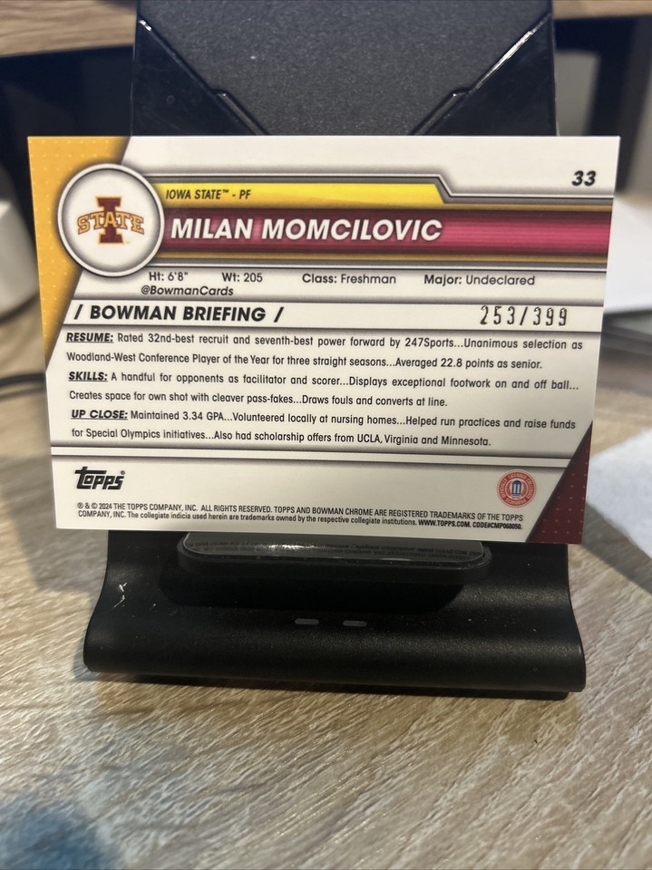 Milan Momcilovic 2023-24 Bowman U Chrome 1st #33 Purple Mini Diamond SP ...