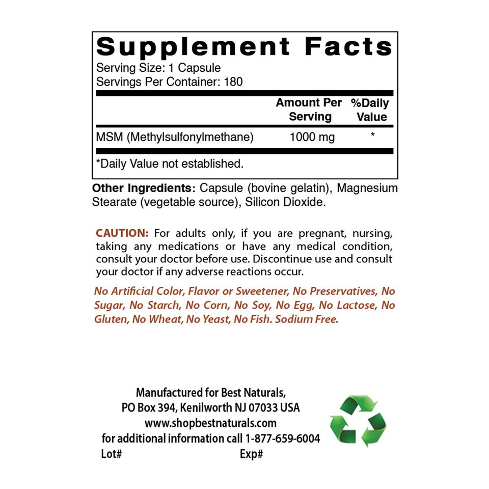 2 Pack Best Naturals MSM 1000 mg 180 Capsules | eBay