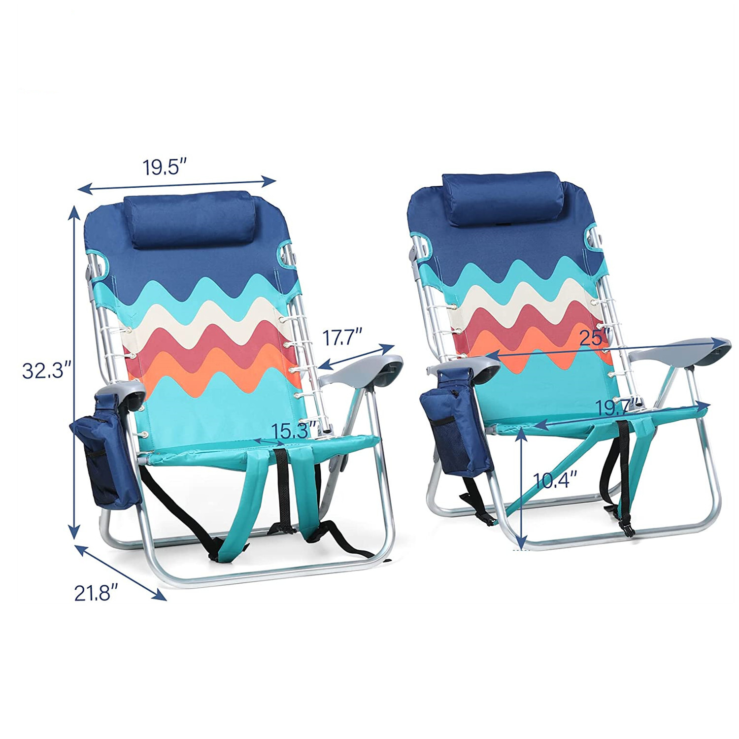 2Pcs Backpack Beach Chairs Folding Portable Lounge Chair Adjustable ...