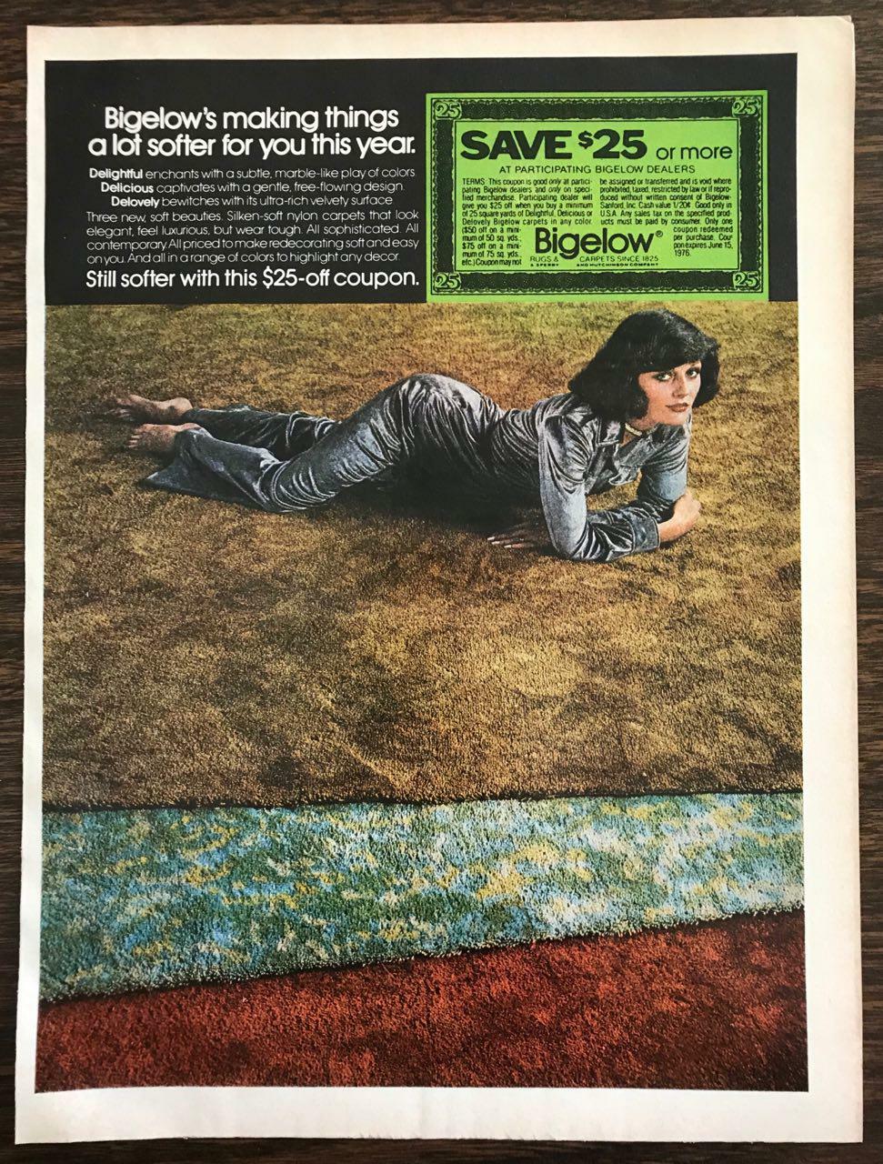 1976 Bigelow Carpets Ad Female Model in Satin Body Suit Posing on Rug ...