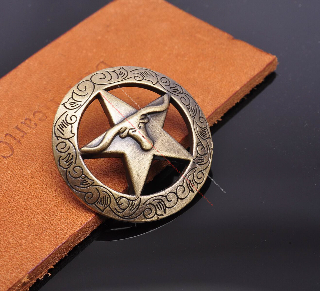 6PC WESTERN LONGHORN STAR RODEO LEATHER CRAFT ANTIQUE BRASS CONCHOS ...