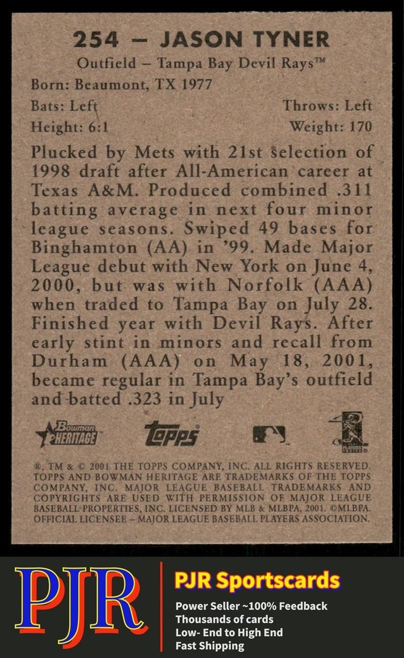 Jason Tyner 2001 Bowman Heritage #254 Tampa Bay Devil Rays | eBay