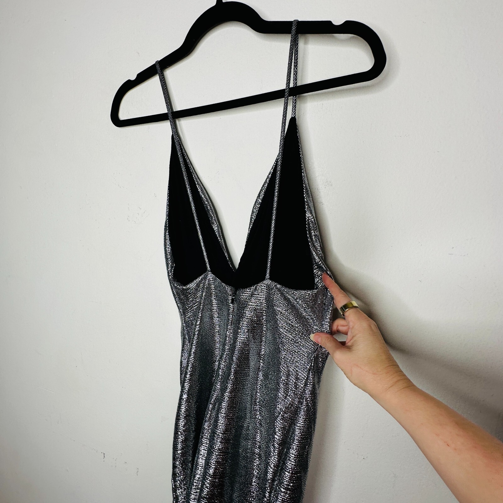 Silver Metallic Micro Sequin Deep V Spaghetti Straps … - Gem