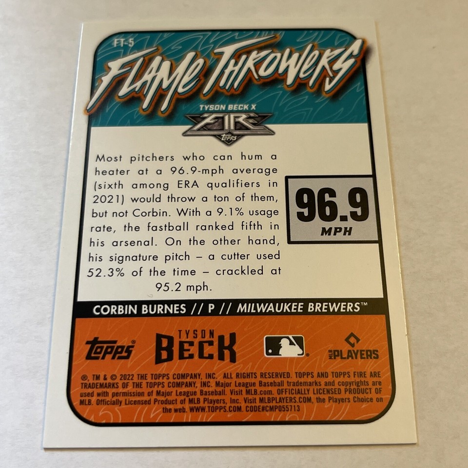 2022 Topps Fire Corbin Burnes Flame Throwers Gold Minted #FT-5 Brewers ...
