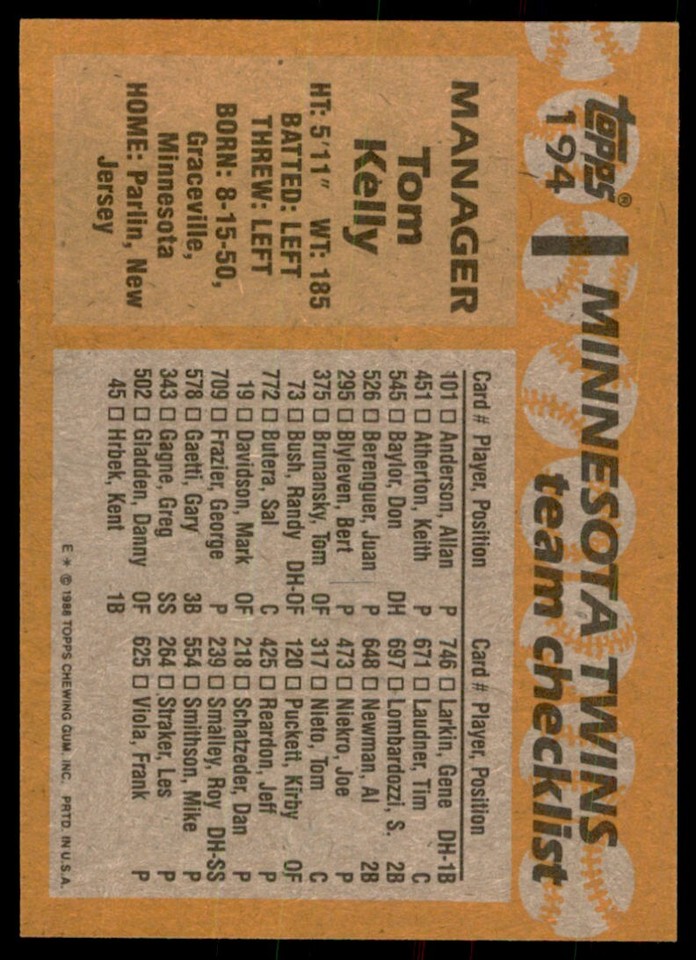 1988 TOPPS TOM KELLY MINNESOTA TWINS #194 | eBay