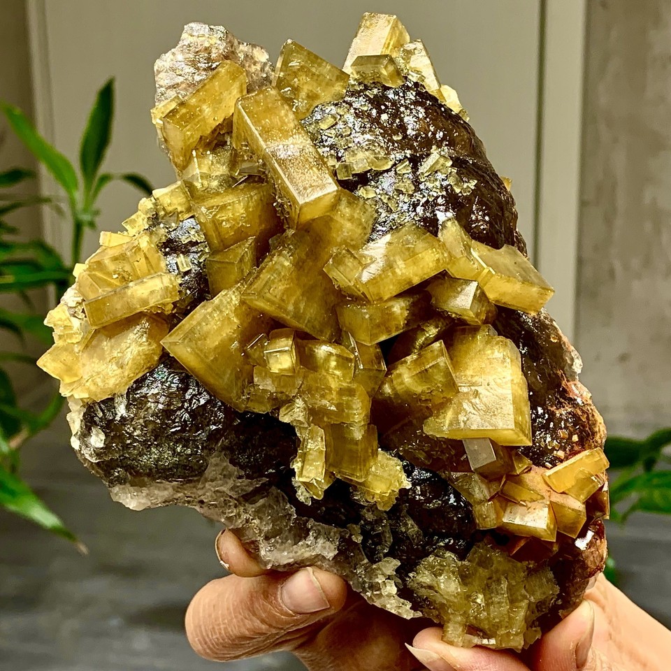 2LB Shiny Golden Cuboid Barite Crystal Based on the Purple Spherical ...
