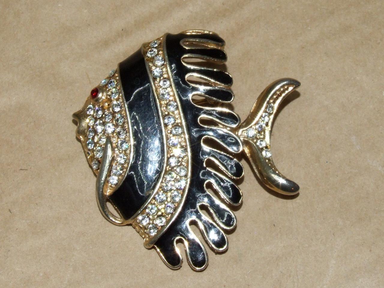 Vintage Black Enamel Paved Clear Rhinestone Angel Fish Pin Brooch w ...