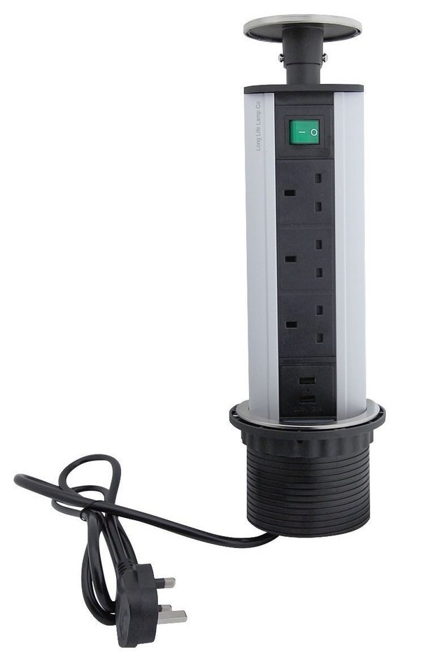 POP UP Power Tower 3 Socket 2 USB with Safety Switch Silver/Stainless ...