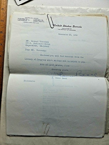 1959 Signed Transmittal Letter, U.S. Senate Letterhead. J. Glenn Beall ...