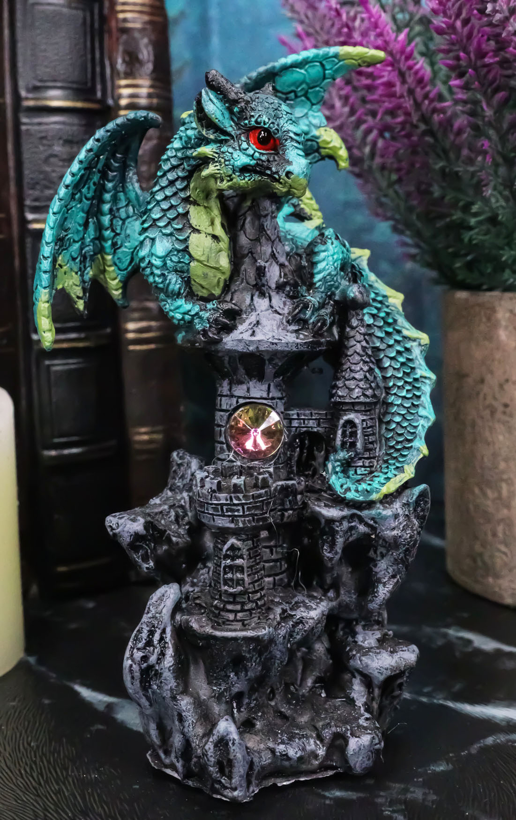 Green Earth Dragon Perching On Castle Tower Top Statue With Rhinestone ...