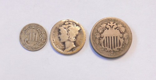 Lot of 3 1866 Shield Nickel & Silver 1852 Trime 3 Cent Piece 1921 ...