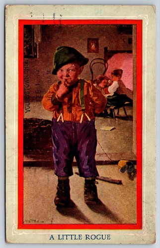 The little rogue Artist signed Postcard Boy In Purple Pants Green Hat ...