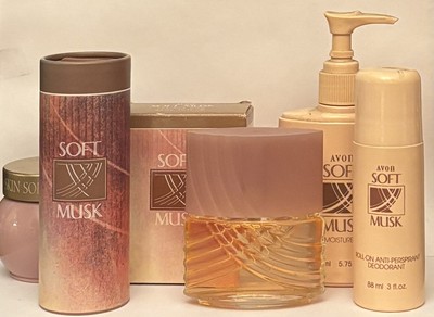 Avon Soft Musk cologne spray + talc + skin softener + lotion pump ...