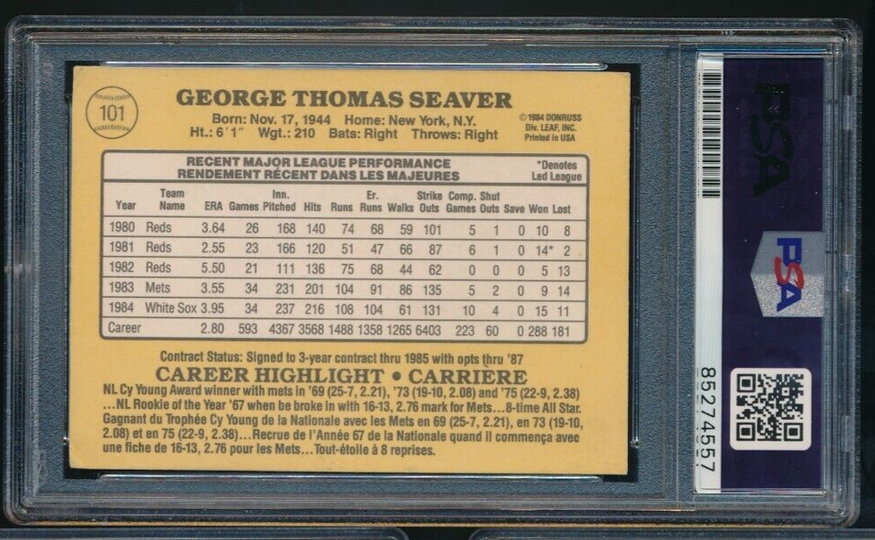 1985 Leaf #101 Tom Seaver signed auto autograph PSA/DNA super rare blue ...