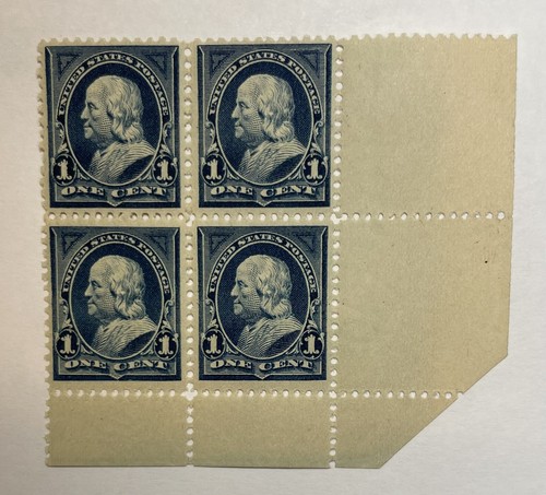 US #264 1895 1c blue Franklin perf 12 dblwmk LR cnr. Bl/4 MNH/VF; $74 ...