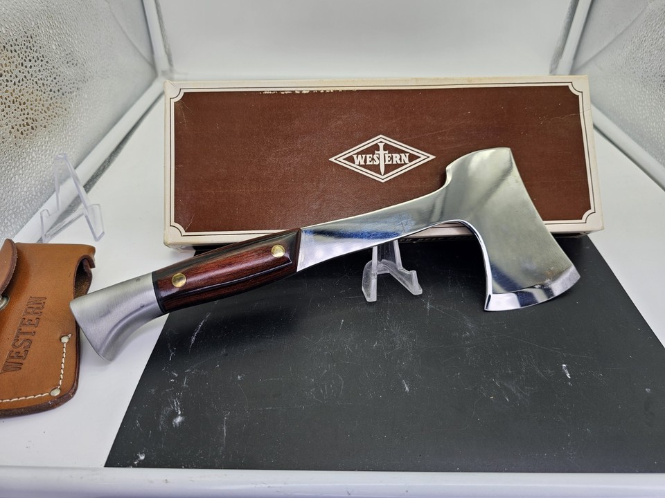 WESTERN CUTLERY VINTAGE W-10 (G) HATCHET AXE W/ LEATHER SHEATH WOOD ...