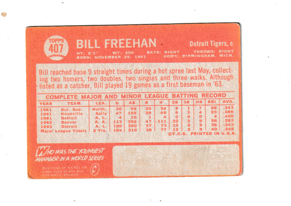 1964 Topps # 407 Bill Freehan O/C EX, ! Free Ship ! | eBay