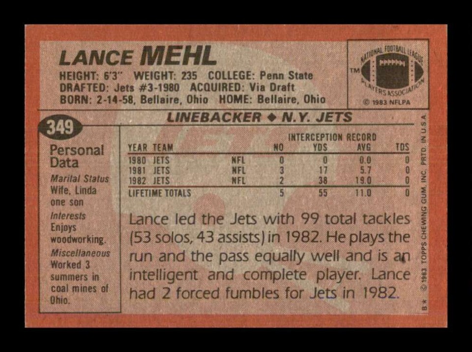 1983 Topps Lance Mehl #349 New York Jets Rookie RC | eBay