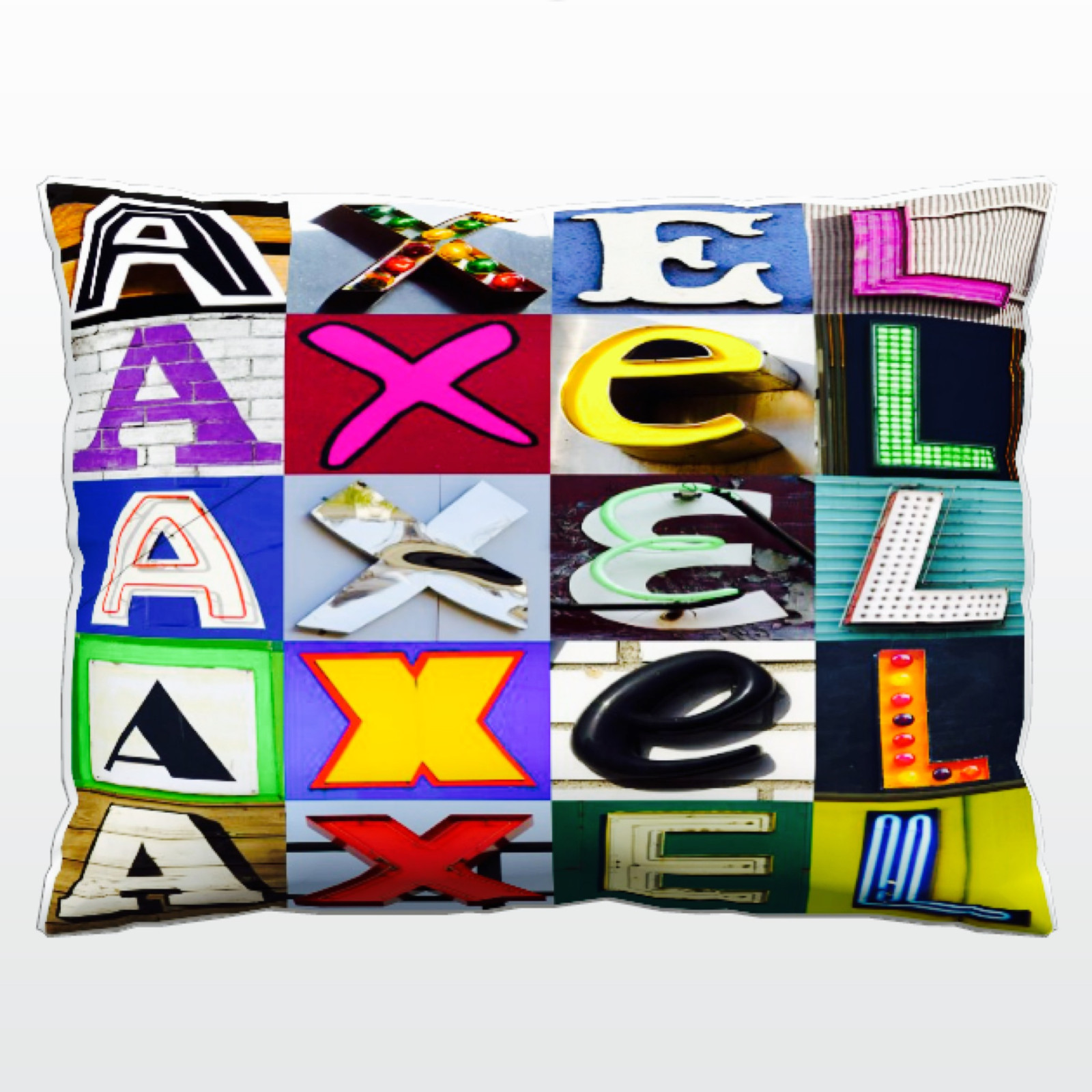 Personalized Pillow featuring the name AXEL in photos of sign letters ...