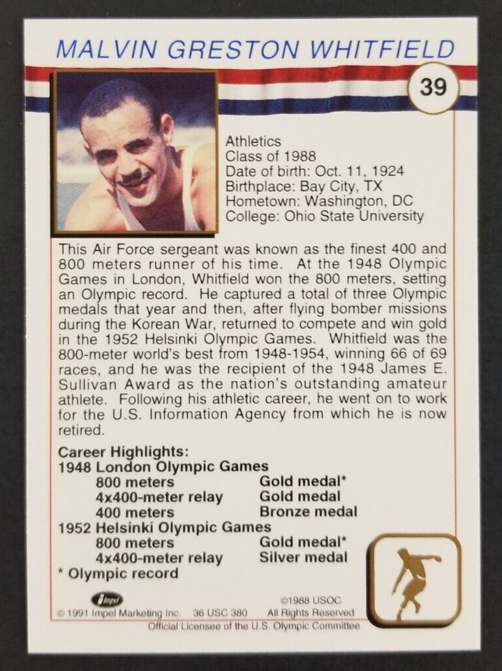 Mal Whitfield 1991 Track and Field Olympic Hall of Fame Impel Card #39 ...