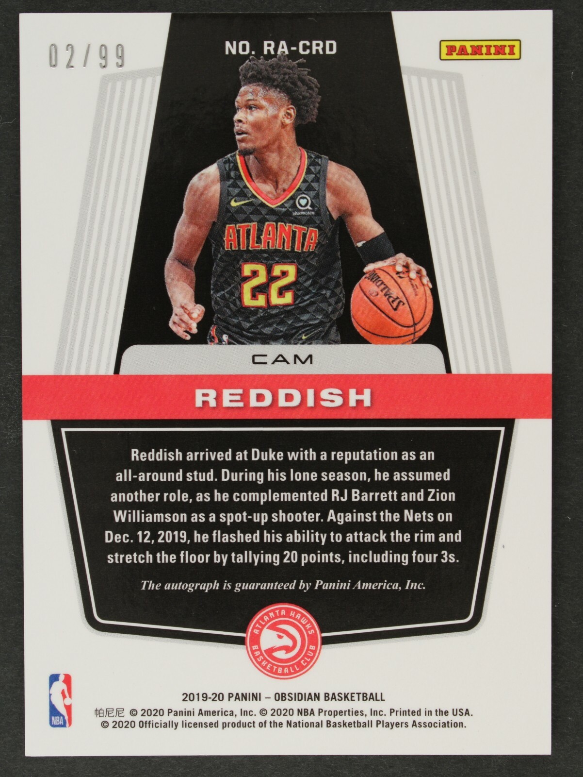 2019 Obsidian Cam Reddish Rookie Autograph RC Auto /99 | eBay