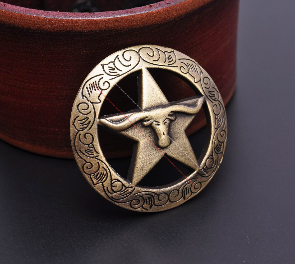 6PC WESTERN LONGHORN STAR RODEO LEATHER CRAFT ANTIQUE BRASS CONCHOS ...