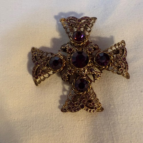 Ornate Victorian Style Cross Brooch Amethyst Rhinestones Gold Tone | eBay