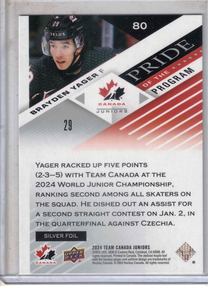 2024 UD Team Canada Juniors hockey Brayden Yager Silver Foil rookie ...