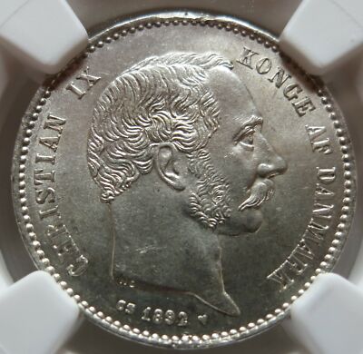 DENMARK 1 Krone 1892 NGC UNC Details King Christian IX Silver Dolphin ...