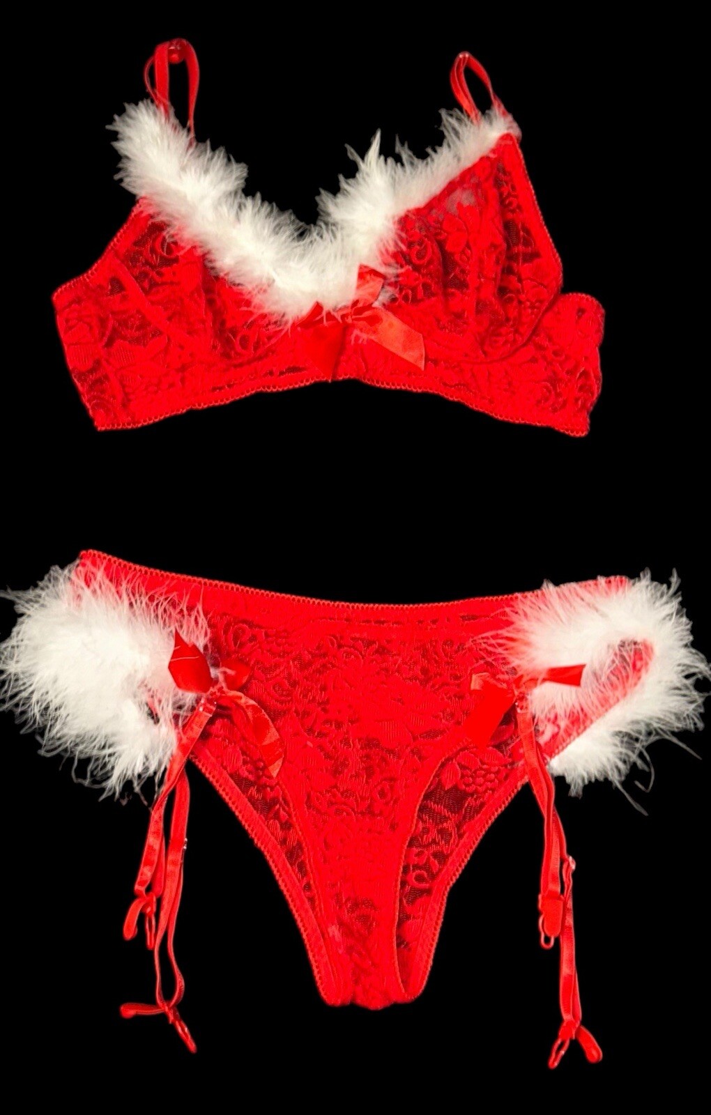 Lot of 2 Red Shiny Lace Sheer White Fuzzy Trim Bra & … - Gem