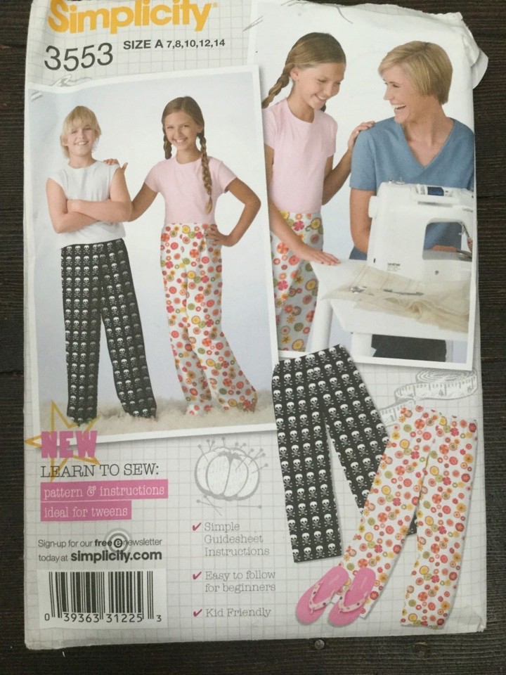 Simplicity Learn to Sew Unisex Childs Tween Pants Pajama Lounge Easy 7 ...