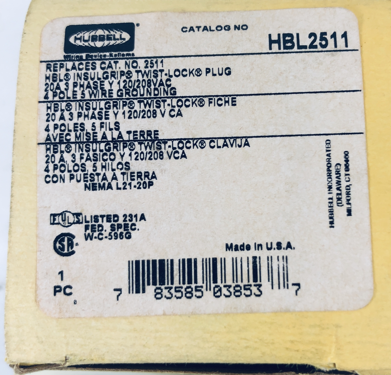 Hubbell Twist Lock Plug 20a 3 Phase 120/208v 4 Pole 5 Wire HBL2511 for ...